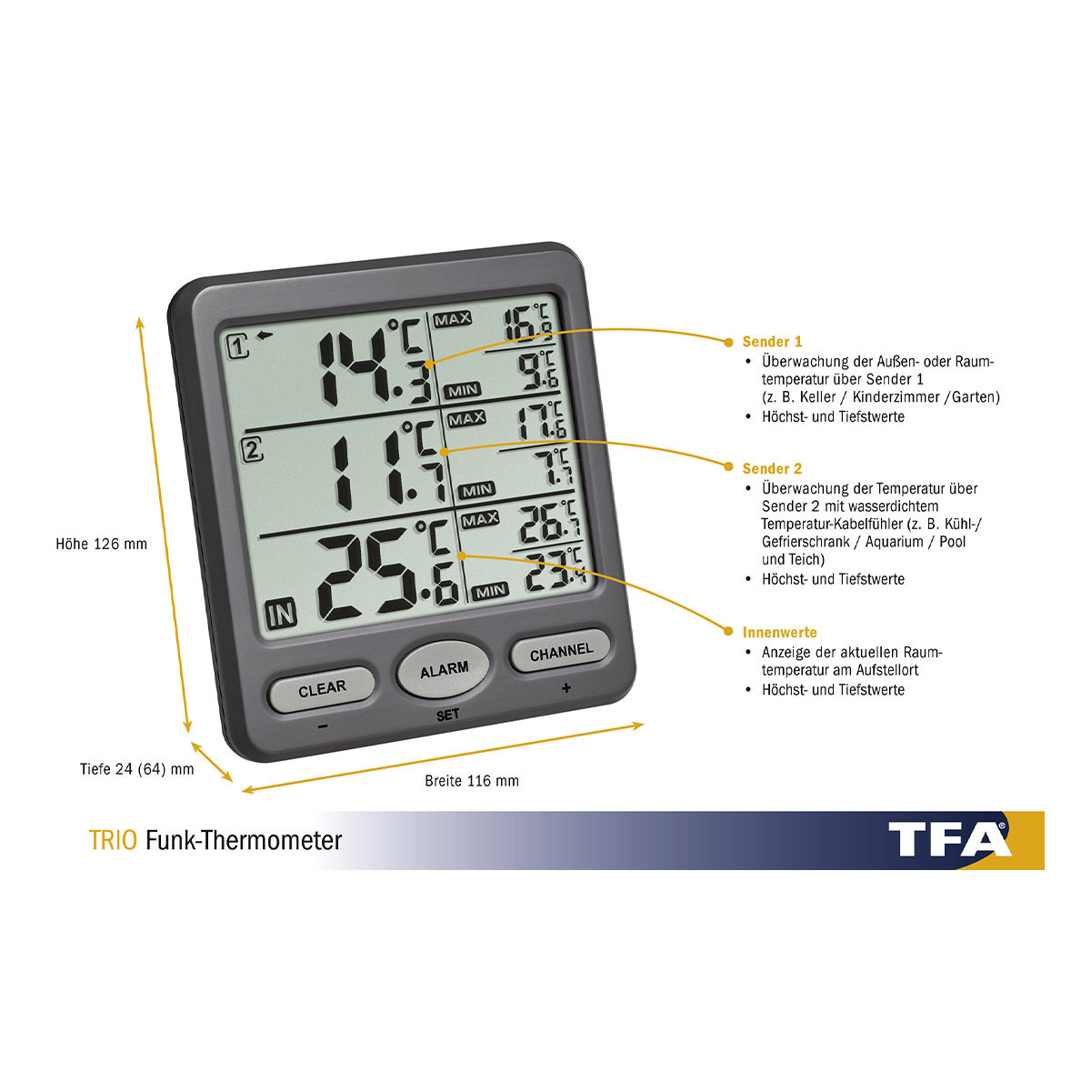 Funk-Thermometer mit 2 Sendern TRIO | TFA Dostmann