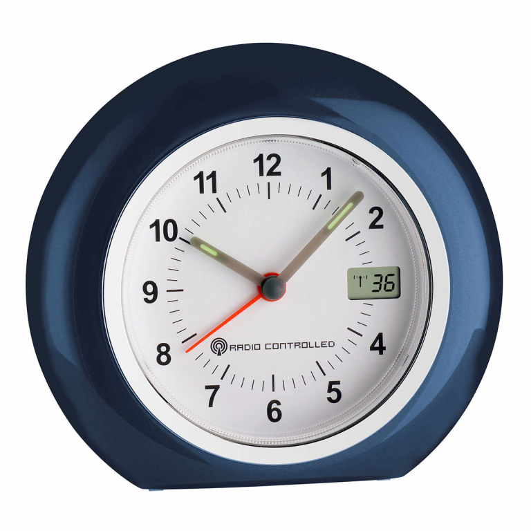 Analogue radio-controlled alarm clock with digital display of seconds ...