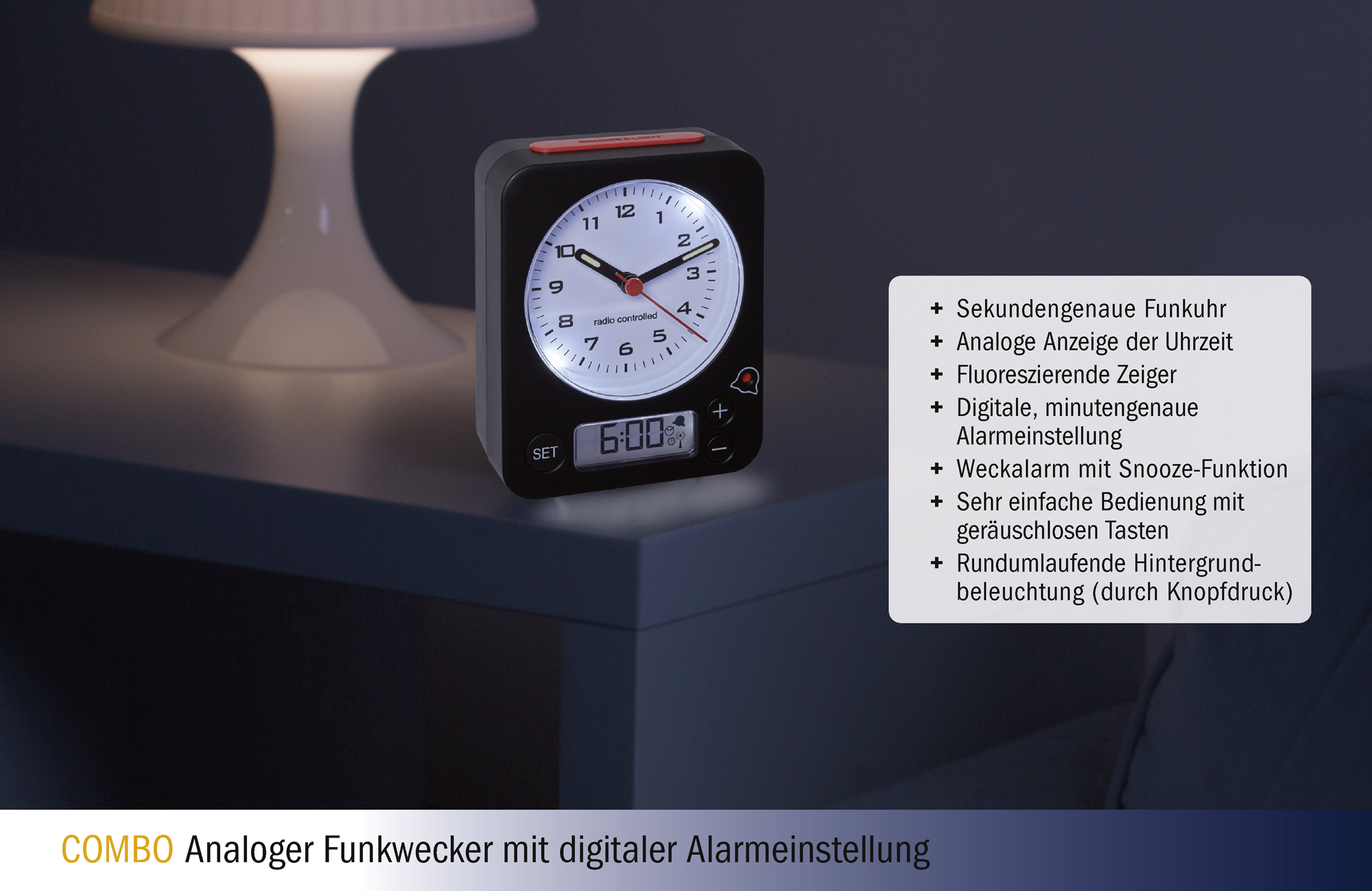 Analoger Funk-Wecker mit digitaler Alarmeinstellung COMBO | TFA Dostmann